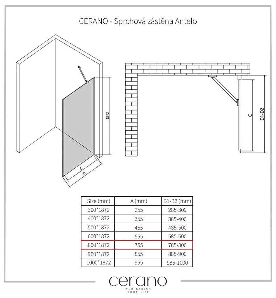 CERANO - Sprchová zástěna Antelo L/P - černá matná, transparentní sklo - 80x190 cm - jednodílná pevná