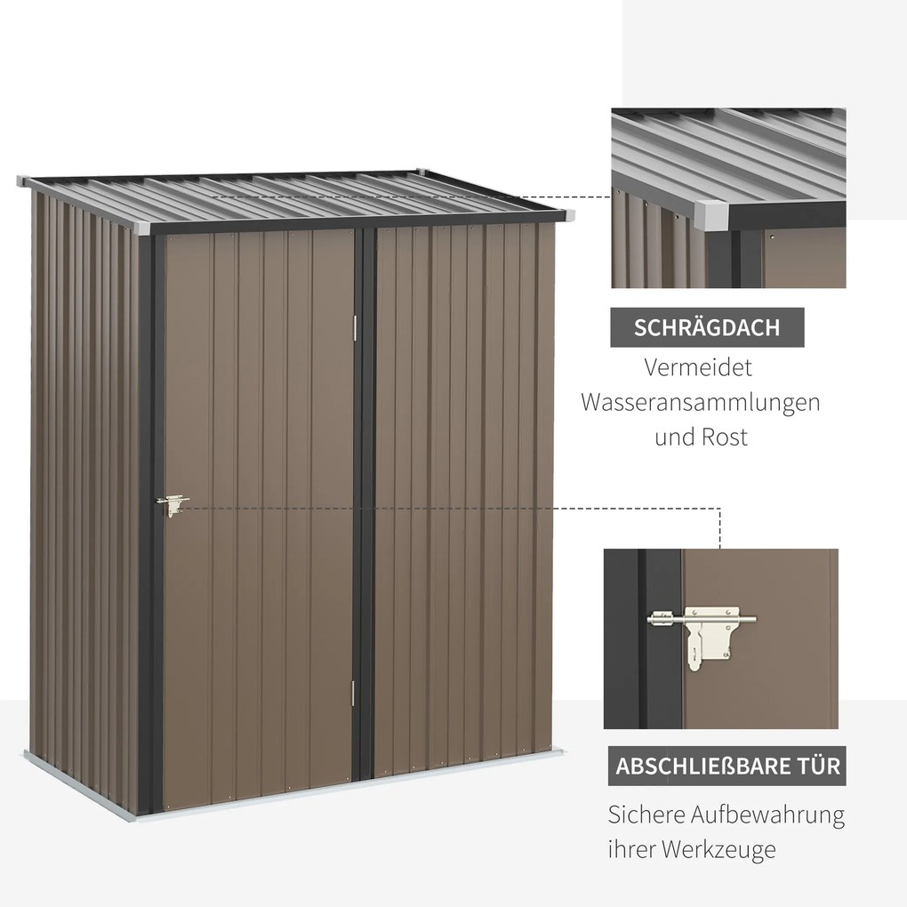 Zahradní kůlna Outsunny 1,34 m² s pultovou střechou, uzamykatelný nástrojový kabinet, vyrobený z pozinkované oceli, 161,5 x 94,5 x 196 cm, hnědý
