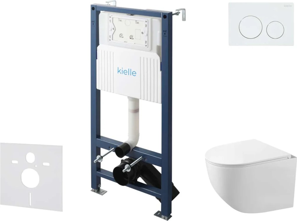 kielle Genesis New - Set předstěnové instalace, kompaktního klozetu Gaia, Rimless, sedátka softclose a tlačítka Gemini New I, lesklá bílá 30528SS82