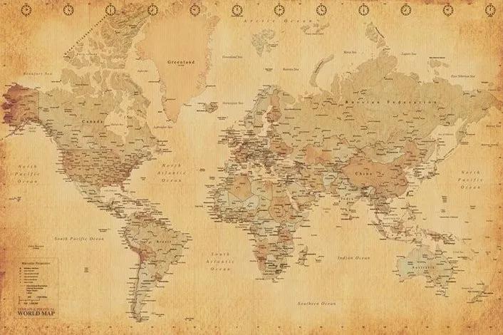 Plakát, Obraz - Mapa světa - starý styl