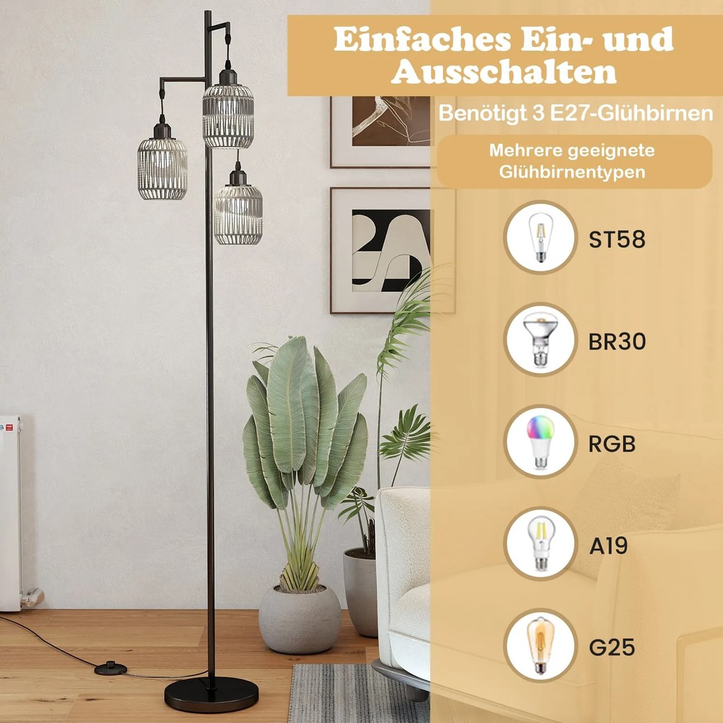 Costway Stojací lampa 173 cm lampa na čtení s 3 E27 zásuvkami a nožním – černý