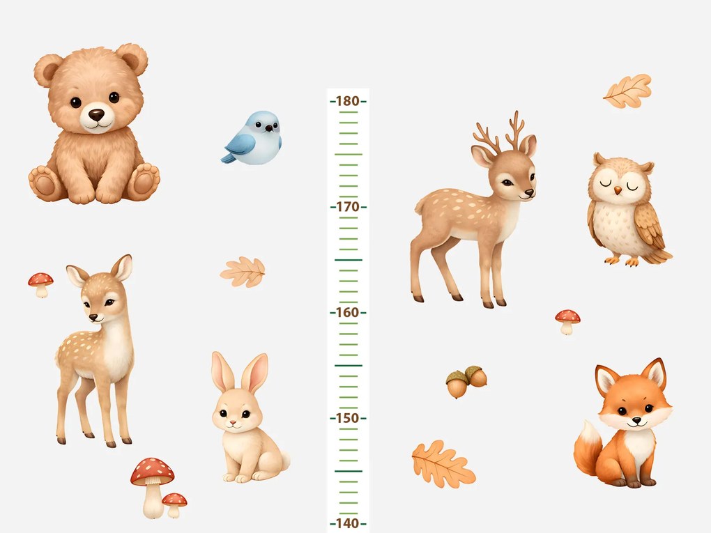 Metr veselá zvířátka z lesa textilní přelepitelné samolepky na zeď výška 160 cm