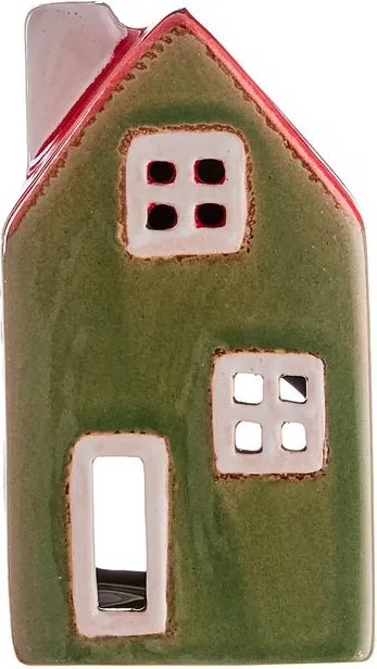 WINTER VILLAGE Svícen na čajovou svíčku domeček - zelená/červená
