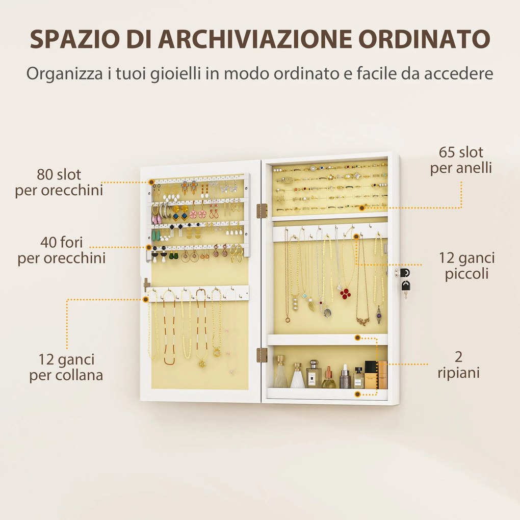HOMCOM Zrcadlový šperkový kabinet na zeď, Šperková skříň s uzamčením, Zrcadlo v MDF pro ložnici a obývací pokoj, 36,5 x 9,5 x 67 cm, Bílá