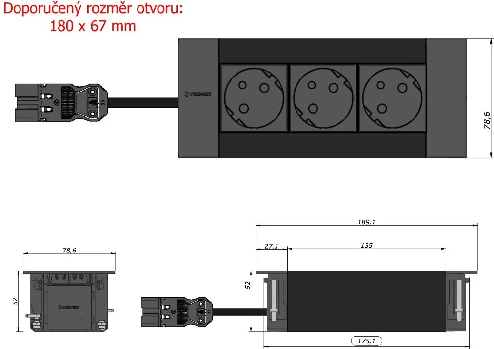 IBConnect Vestavná zásuvka INTRO černá - různé konfigurace Konfigurace elektrozásuvky: 2x230V + 2xModul