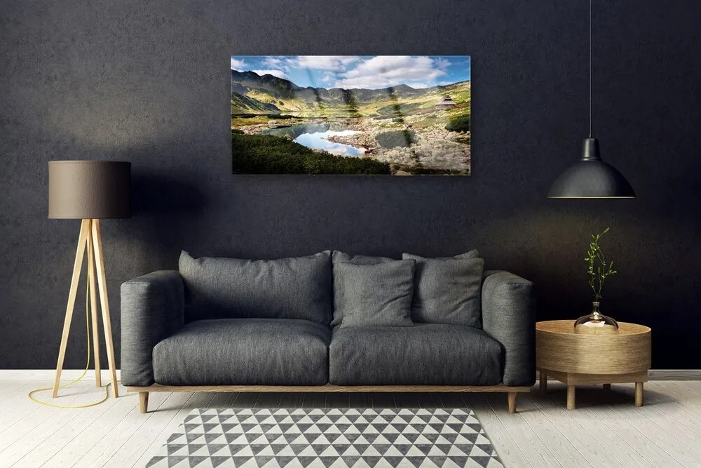 Obraz na skle Hora Jezero Krajina 120x60 cm