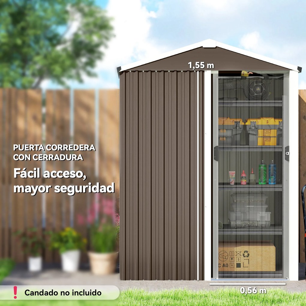 Outsunny kovová zahradní kůlna — 1,18 m² (136 × 87 × 179 cm) | Posuvné dveře, šikmá střecha, včetně rukavic, hnědá