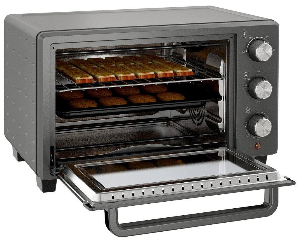 HOMCOM Mini trouba 21L 1400W 60 min. časovač, malá trouba s nastavitelnou dobou pečení 100 °C-230 °C, mini trouba s pečicím plechem, drátěný rošt, ne…