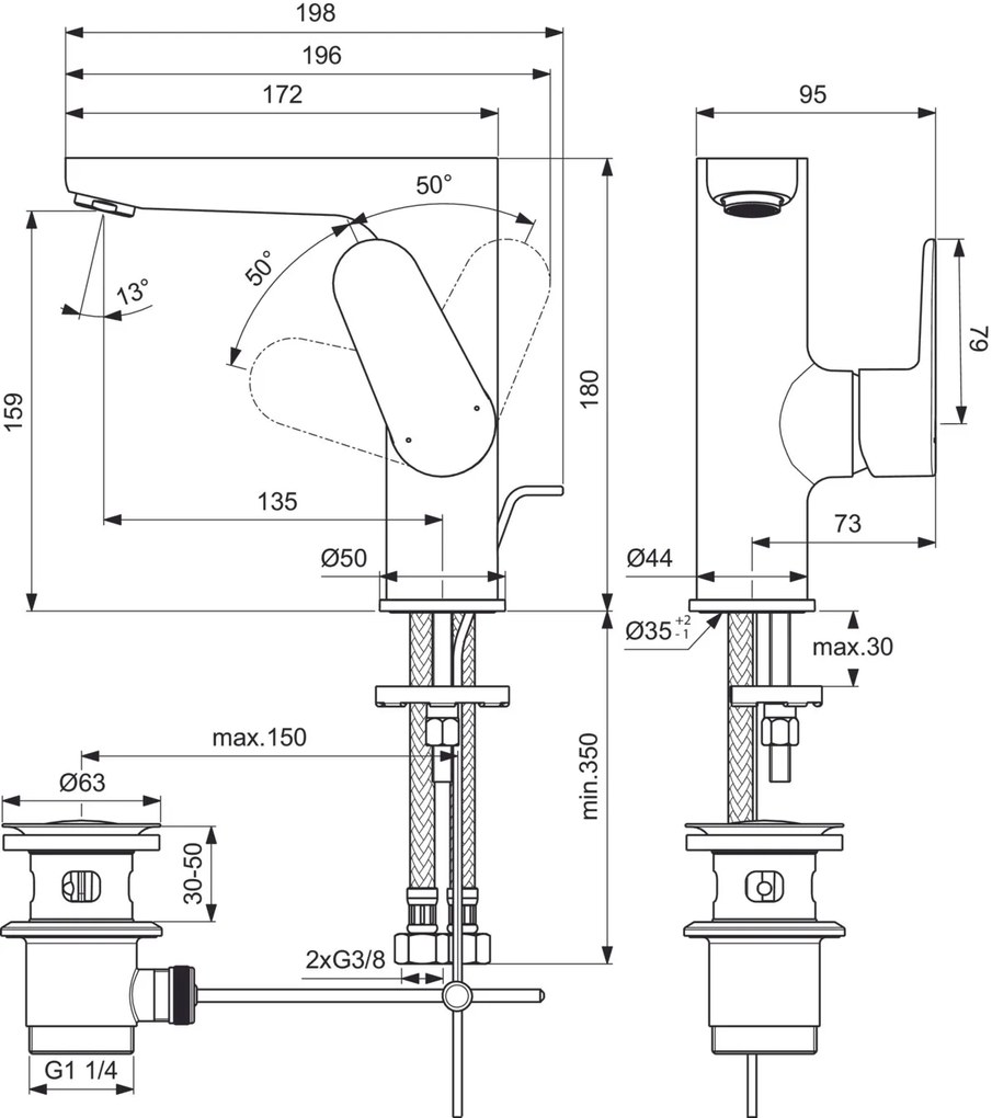 Ideal Standard CeraFine O - Umyvadlová baterie zvýšená s kovovou odtokovou garniturou, černá matná BC703XG