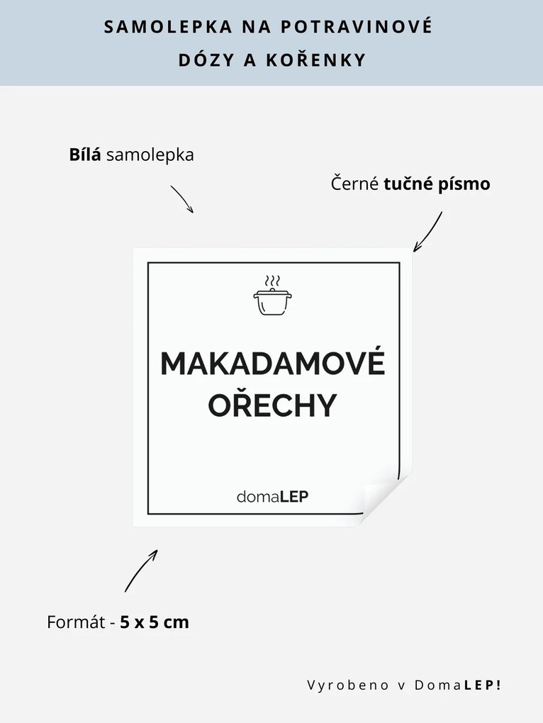 MAKADAMOVÉ OŘECHY – bílá samolepka na dózu, tučné písmo, 5 x 5 cm | DomaLEP