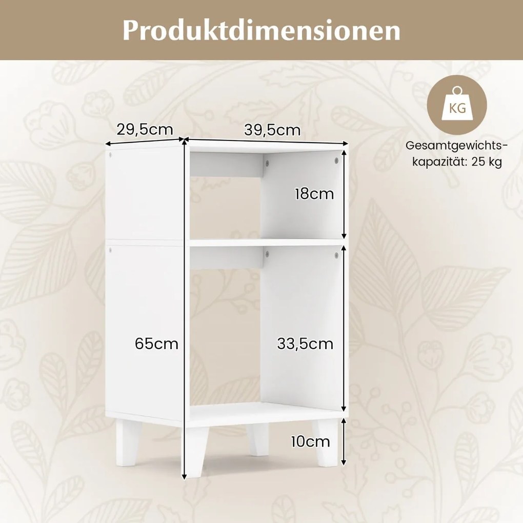 Costway 3patrový noční stolek s policemi a nohami – 39,5 × 29,5 × 65 cm, bílý