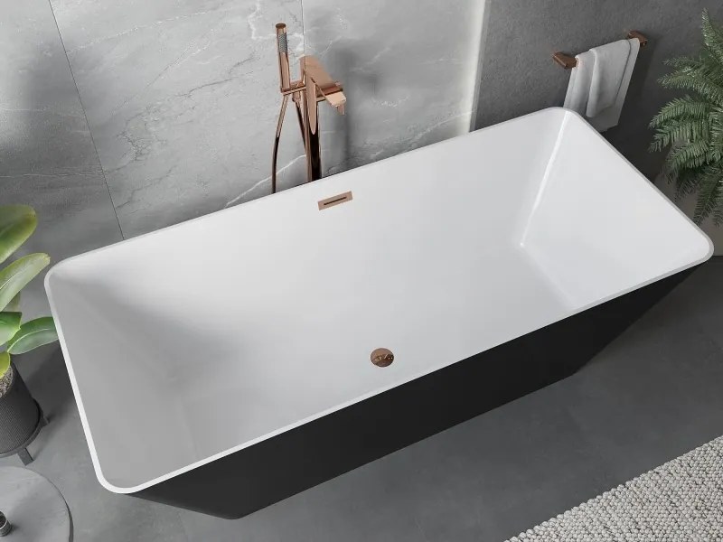 Mexen Velo Slim, volně stojící vana 170 × 75 cm, bílá/černá lesklá, růžové zlato přepad, 52811707575-60