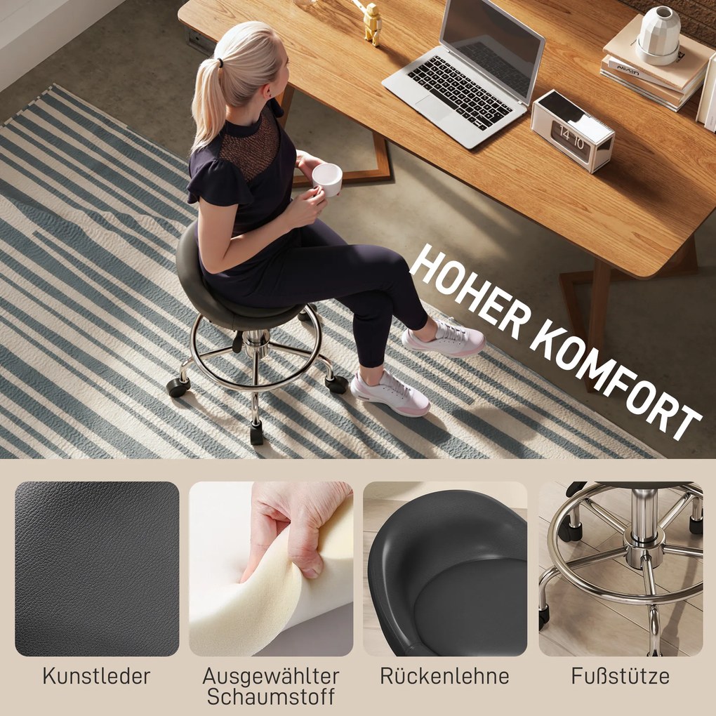 HOMCOM Nastavitelný Kolečkový Skládací Stolek s Opěrkou 59-75 cm Otočný Stolek 360° Rotující Stolek pro Kancelář, Salon, Masáže, Spa Černý