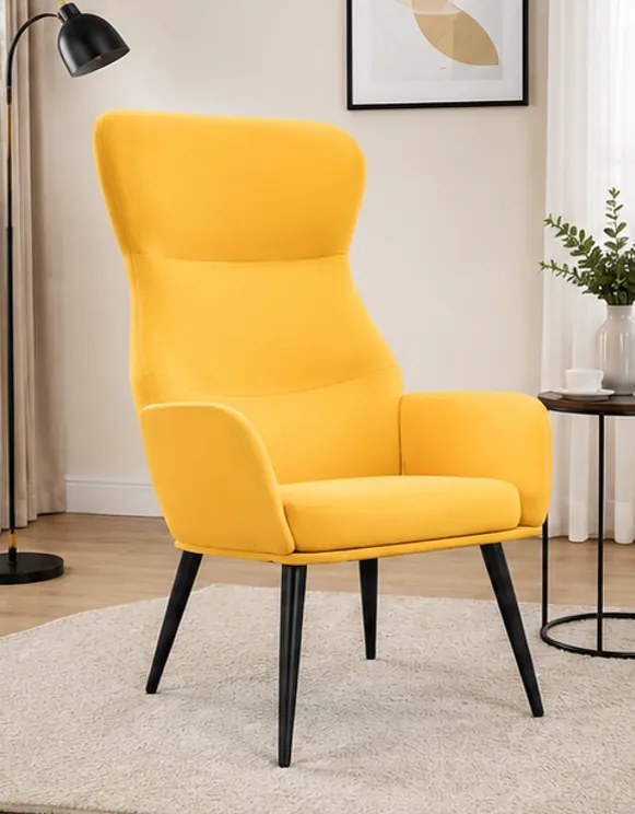 relaxační křeslo, odpočinkové, dřevo/kov/textil, 96x68x79 cm, nohy černé/hořčicově žlutá, Dekorino KR20260061