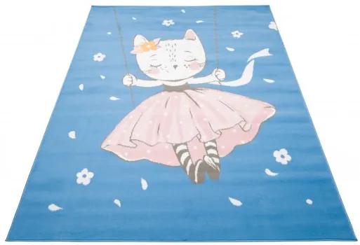 Dětský kusový koberec JOLLY DY95B Kočička modrý Rozměr: 80x150 cm
