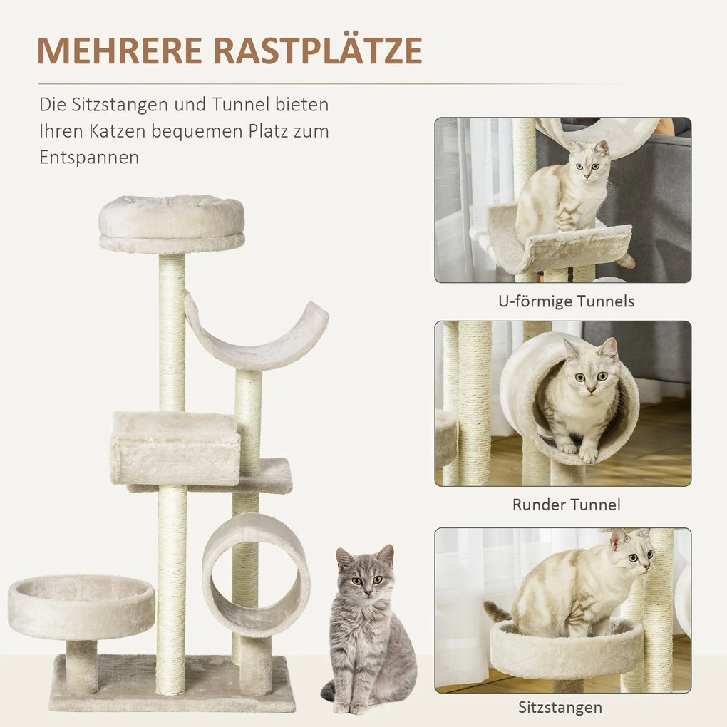 PawHut Kočičí strom, škrábací sloup, škrábací hračky, tunel, béžový L50 x Š40 x V105 cm