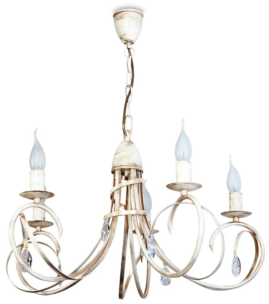 Light for home - Závěsný lustr na řetězu 18505 "VIRGINIA CRYSTAL", 5x40W, E14, bílá, zlatá, patina