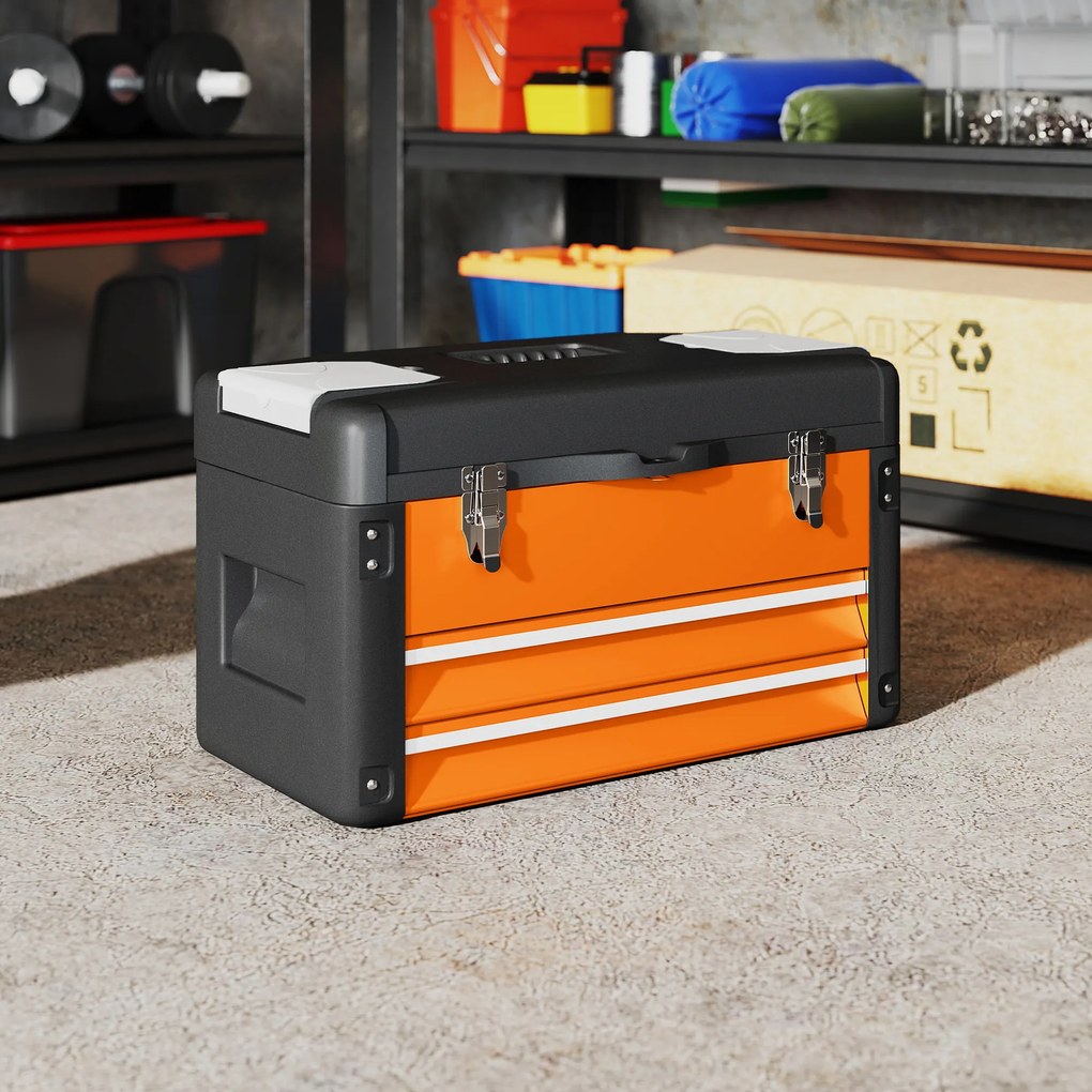 HOMCOM Box na nářadí prázdný, 49,7 x 25,3 x 28,9 cm Box na nářadí se zásuvkou, mini box ocelový oranžový