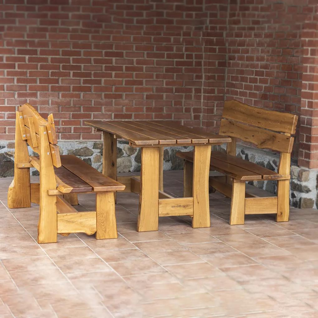 KULHÁNEK Zahradní dubová sestava - stůl, 2x lavice s opěradlem (rustikální provedení) Délka: 150 cm, Odstín nátěru: lazura - ořech