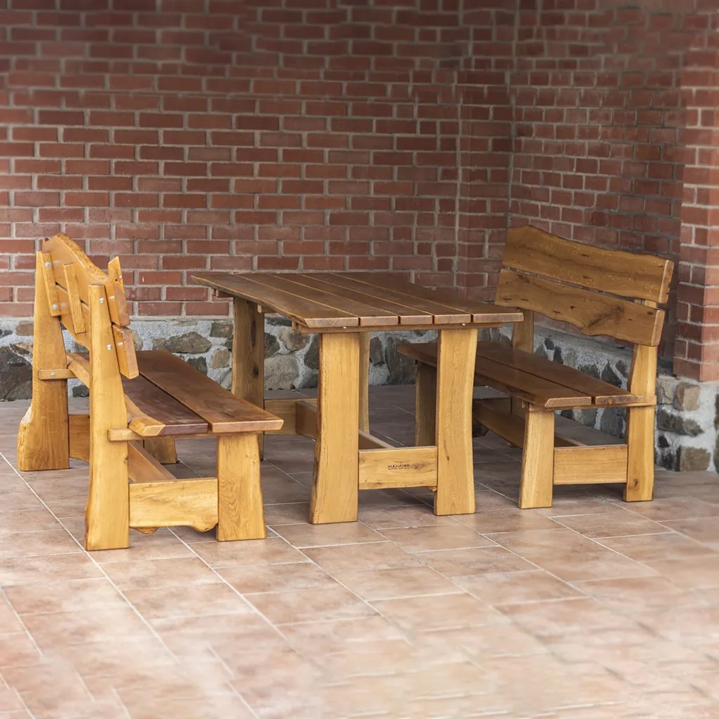 KULHÁNEK Zahradní dubová sestava - stůl, 2x lavice s opěradlem (rustikální provedení) Délka: 150 cm, Odstín nátěru: olej - palisandr