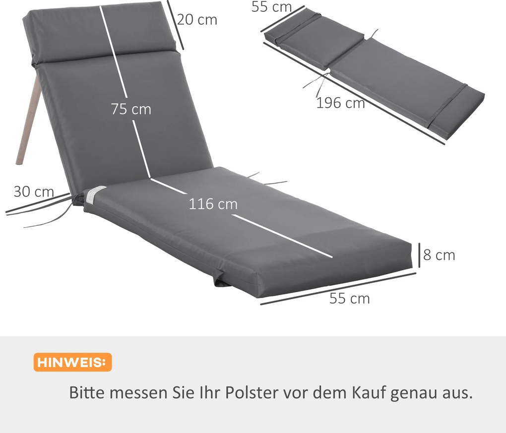 Outsunny sada 2 polštářů na lehátko, polštář na lehátko pro zahradní lehátko extra silný 8 cm tmavě šedý JEN polštáře