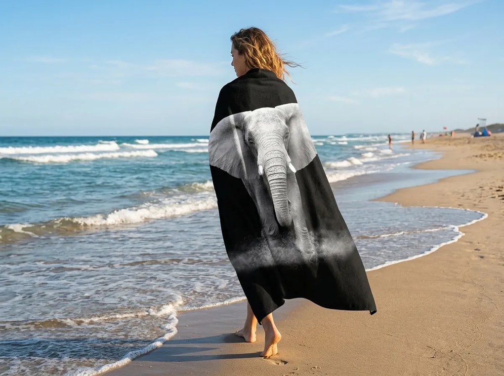 Rychleschnoucí XXL plážová osuška ELEPHOS černo-šedá 150 x 210 cm, 100% mikrovlákno