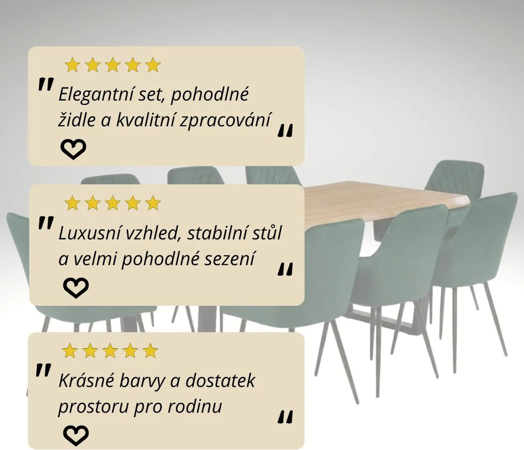 Vikio Jídelní set pro 8 osob 180x90 cm dub noha U zelená židle s područkami VJS168-8Z