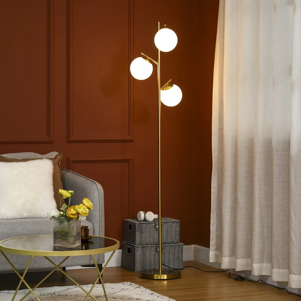 HOMCOM Stojací lampa v retro designu, stojací lampa, stojací lampa s 3 stínidly, sklo, zlatá