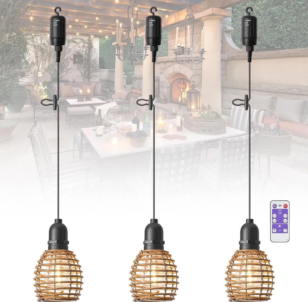 3 Závěsné Lampy Boho Rattan Vodotěsné na baterie s dálkovým ovládáním Stropní lampy