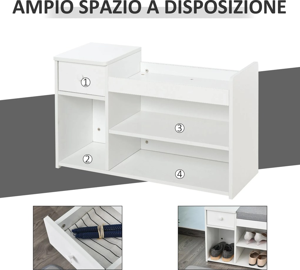 HOMCOM botník s polstrováním, šuplíkem a 3 otevřenými přihrádkami, dřevěný nábytek do chodby 81x31,5x49cm, bílý