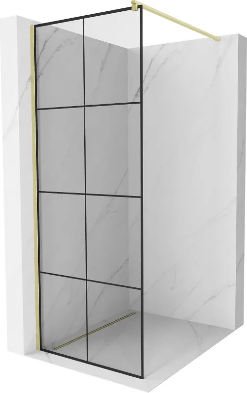 Mexen Kioto, sprchová zástěna Walk-In 80 x 200 cm, 8mm čiré sklo černý vzor, ​​zlatý matný profil, 800-080-101-55-77