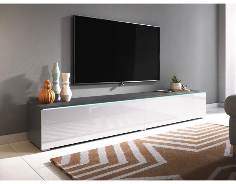 TV stolek Dlone 180, Barva: Beton + Bílý lesk, Osvětlení: osvětlení LED - bílé