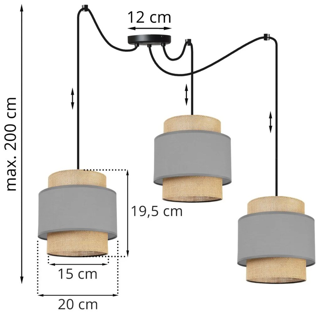 Závěsné svítidlo Boho Spider, 3x jutové/šedé textilní stínítko