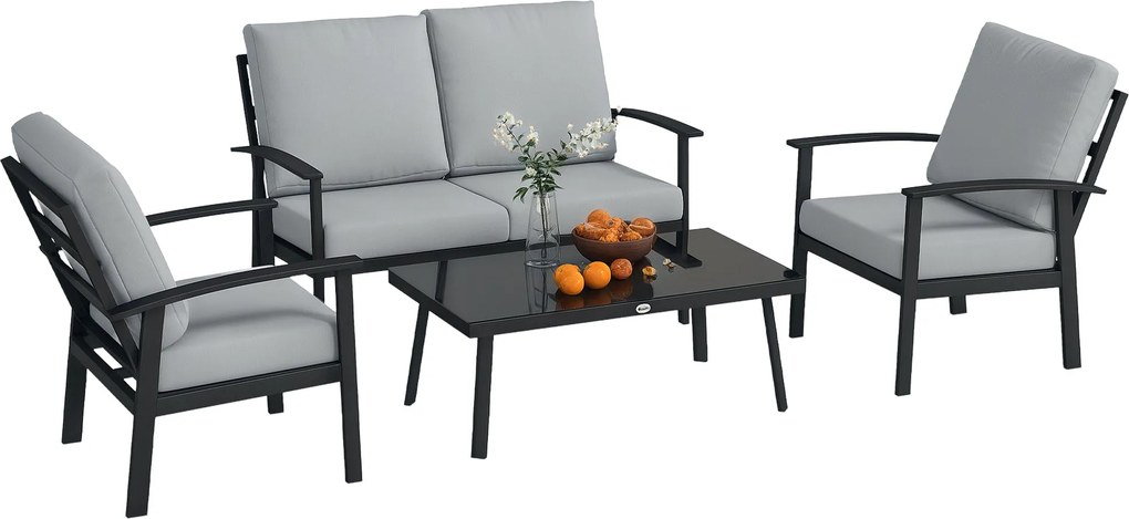 Outsunny 4-dílná hliníková zahradní pohovka, venkovní sofa pro 2 osoby, 2 křesla a skleněný konferenční stolek s odnímatelnými polštářky, antracitově