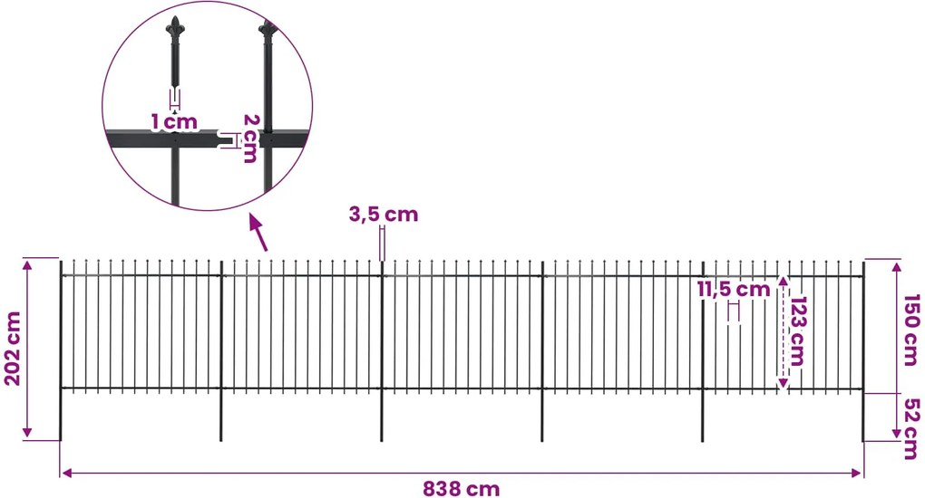 Zahradní plot s kopím nahoře ocelový 838 x 150 cm černý 277633