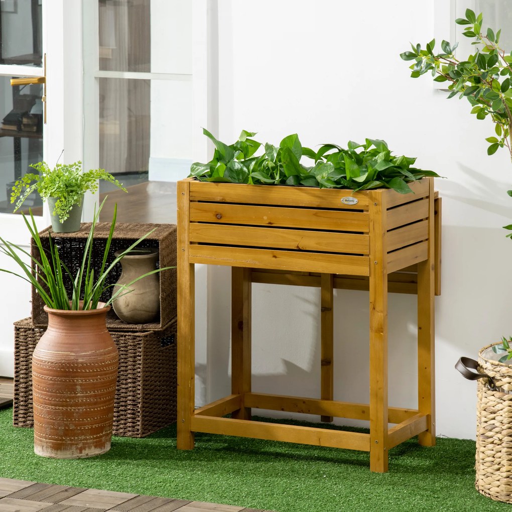Vyvýšený záhonový truhlík Outsunny 64 x 80 x 30 cm se sklopnou deskou a dřevěným vnitřním obložením, bylinkový záhon v hnědé barvě
