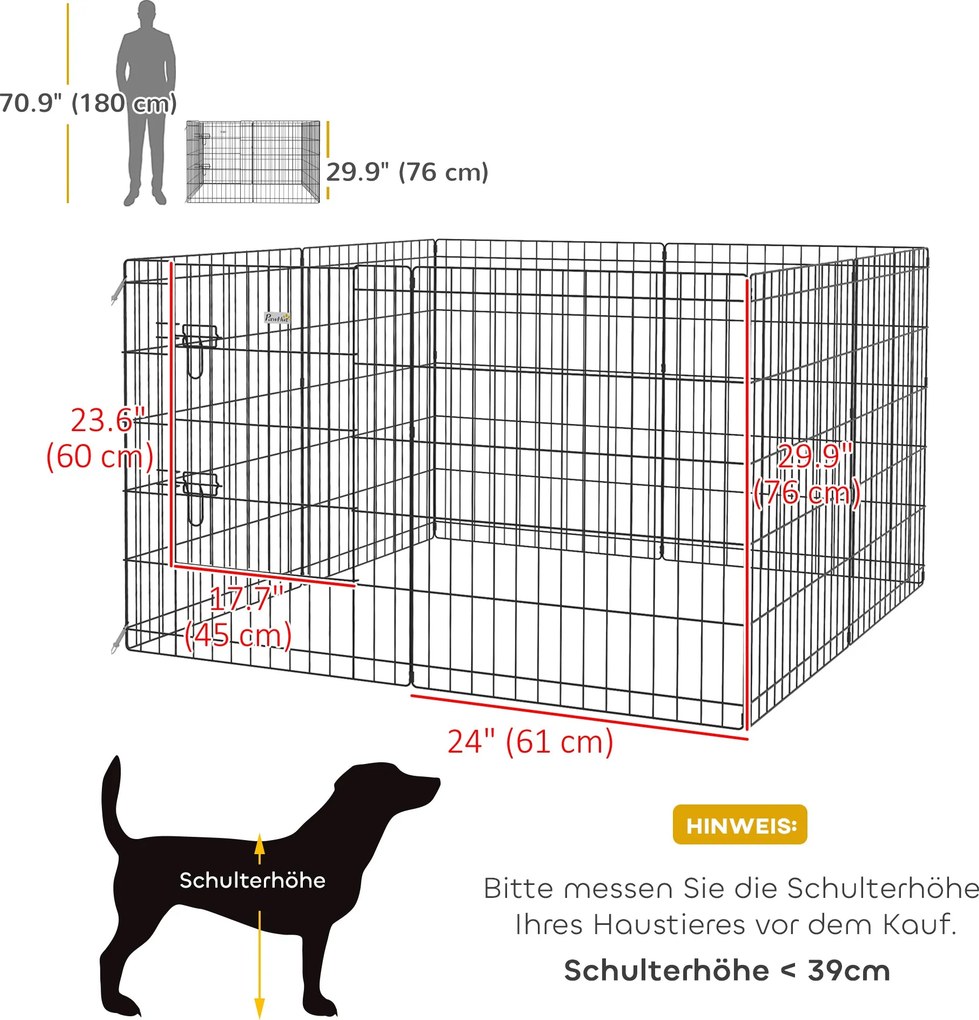 PawHut Ohrada pro štěňata 76 cm vysoká, 8-dílná ohrada se zámkem, DIY herní ohrada pro střední psy, morčata, králíky, kov, černá