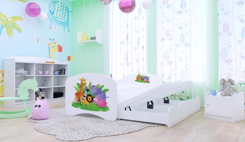 Svět pokojů Dětská postel Kevin pro dvě děti - veselá zvířátka + matrace zdarma Barva: Růžová, Rozměr: 160x80 cm, Zábrana: ANO (+450 Kč)