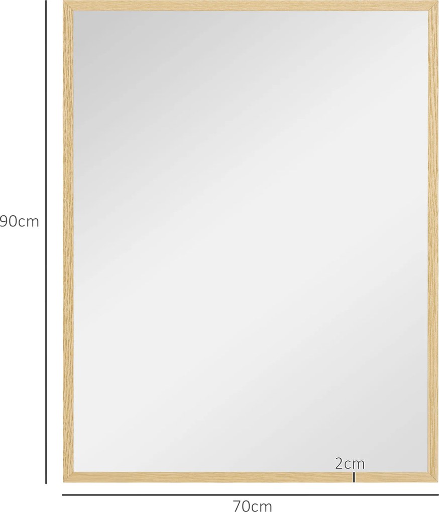 HOMCOM Obdélníkové Zrcadlo na Stěnu 90 x 70 cm, dřevěný rám, ideální do koupelny, obývacího pokoje nebo ložnice, přírodní