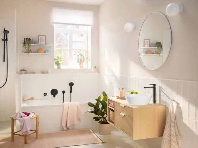 Hansgrohe Rebris S, vysoká umyvadlová baterie 240 s odtokovou soupravou s táhlem, CoolStart, černá matná, 72580670
