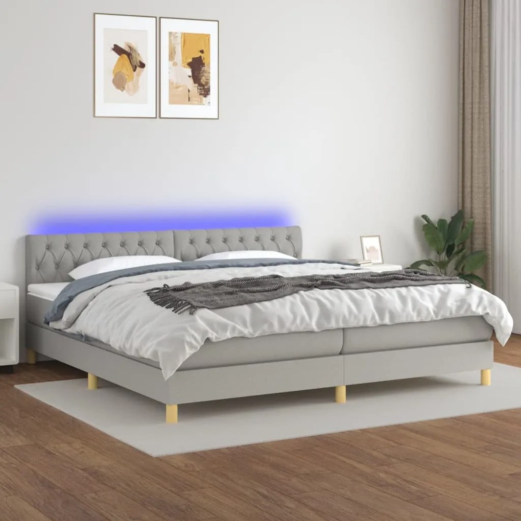 Box spring postel s matrací a LED světle šedá 200x200 cm textil