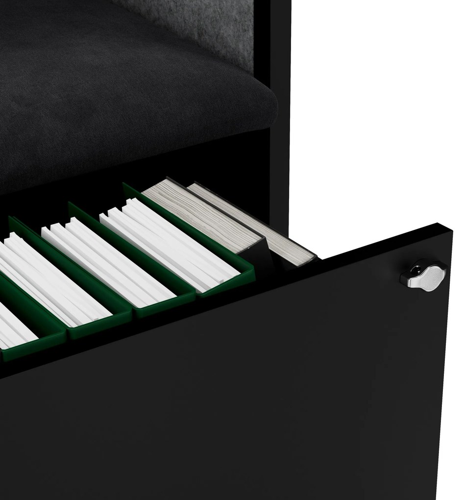 Kancelářská akustická kabina se sedátkem a USB-C portem, korpus černý / sedák tmavě šedá, 1150 mm: SALLY MentalBox