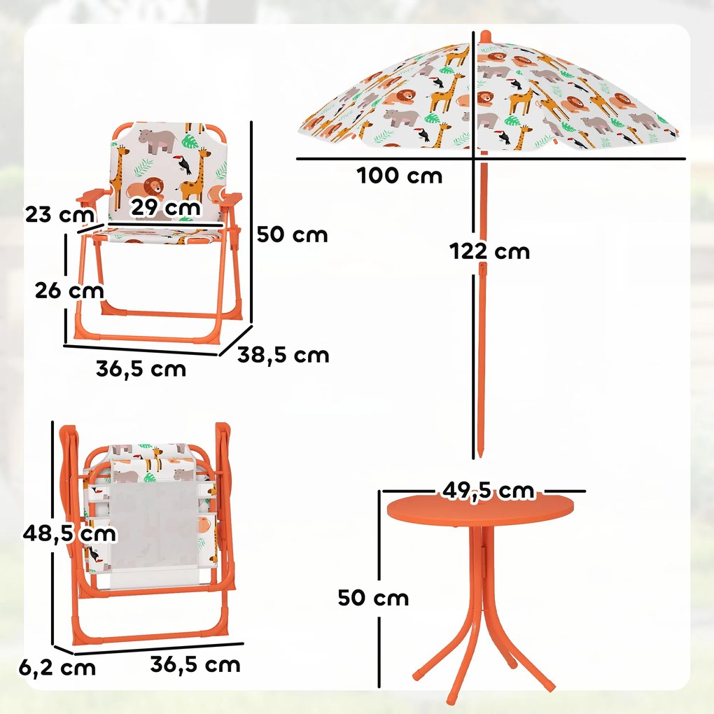 AIYAPLAY dětský zahradní nábytkový set, dětský stůl se 2 skládacími židlemi a slunečníkem Ø 100 cm, motiv zvířat, oranžová