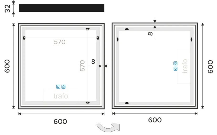 Nimco Černé LED zrcadlo 600x600 se dvěma dotykovými senzory - ZPC 13066VX-90