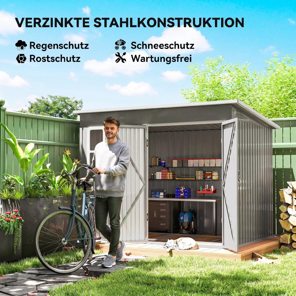 Outsunny Kovový kůlny pro skladování zahradního náčiní, s oknem, širokými dveřmi, 260 x 177 x 190 cm, světle šedý