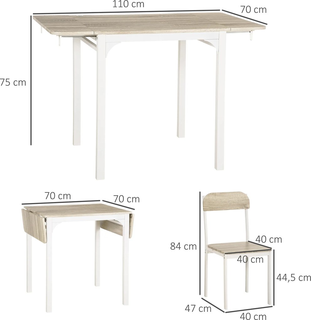 HOMCOM 3 TLG jídelní set se 2 židlemi a 1 stolem skládací deska 120 x 60 x 75 cm ocel MDF přírodní bílá ideální do kuchyně a jídelny