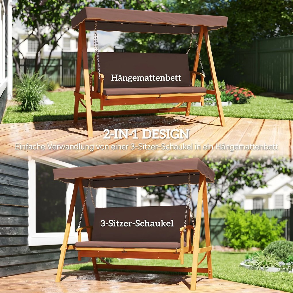 Hollywoodschaukel mit Sonnendach, Echtholz-Gartenschaukel, Schaukelbank mit Liege-Funktion, für 3 Personen, Braun