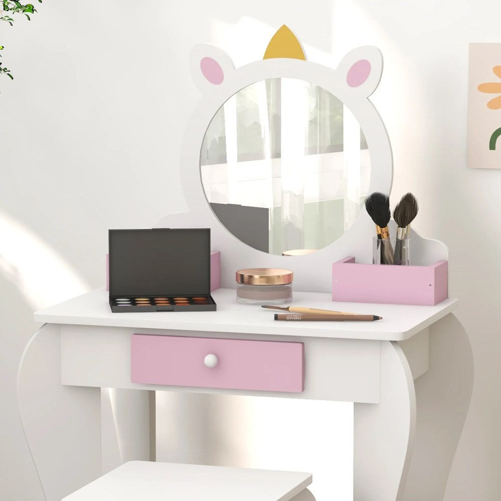 ZONEKIZ dětský toaletní stolek se stoličkou a zrcadlem, toaletní stolek pro dívky se zásuvkou a přihrádkami, design jednorožce, bílý