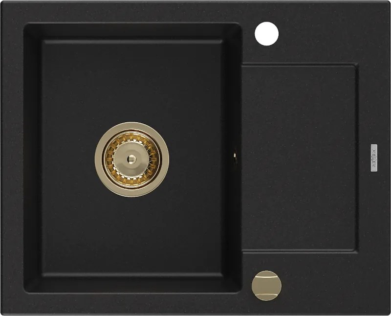 Mexen Enzo, granitový dřez 576x465x174 mm, 1-komorový, černá se zlatým sifonem, 6506571005-77-G