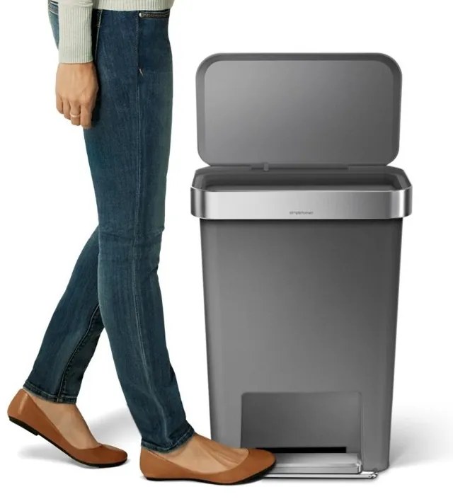 Obdélníkový pedálový koš 45 l, šedý plast/nerez, šedá